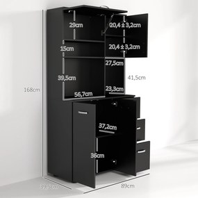 HOMCOM Víceúložná Kuchyňská Skříň se 4 Dveřmi a 3 Zásuvkami, Police + Velká Pracovní Deska 89L x 39,5W x 168H cm Černá