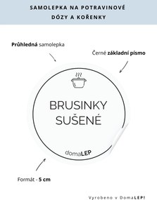 BRUSINKY SUŠENÉ – průhledná samolepka na dózu, základní písmo, 5 cm | DomaLEP