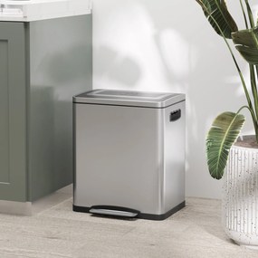 HOMCOM 40L x 34.8Š x 47.5V cm Stříbrný Pedálový Koš na Odpadky s 2 Kompartmenty, Nerezová Ocel s Tichým Víkem, Odnímatelné Vnitřní Kbelíky
