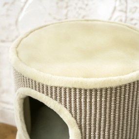 PawHut Škrabací sud, výška 49 cm, Ø35,5 cm, dvoupatrový kočičí sud s plyšovým okrajem, škrabací podložka, 2 jeskyně, khaki + káva