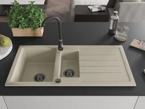 Mexen Andres, granitový dřez 1000x500x200 mm, 1,5-komorový, béžová s černým sifonem, 6515101510-69-B