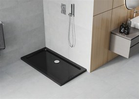 Mexen Flat, akrylátová sprchová vanička 130x70x5 cm SLIM, černá, chromový sifon, 40707013