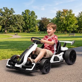 HOMCOM Elektrický Go-Kart pro Děti 6-12 Let 24V 12km/h s Nastavitelným Sedadlem, Drift Go-Kart s Klaksonem, Světly a Hudbou, Bílý