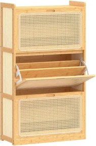 HOMCOM úzká bambusová botníková skříňka s 3 sklopnými ratanovými přihrádkami pro 18-21 párů bot, 69x29x119,8 cm, přírodní