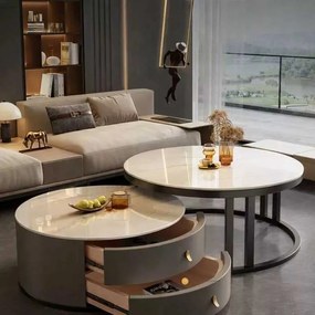 LuxuryForm DESIGN Konferenční stolek ORION 70 × 70 / 50 × 50 cm – šedý / béžový mramor + sklo (set 2 ks)