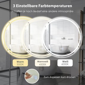 Costway Koupelnové zrcadlo Round LED zrcadlo pro montáž na stěnu 3000 K-6000 K Ø
