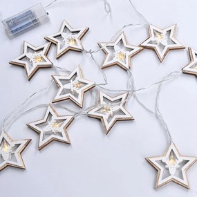 SOLIGHT LED vánoční řetěz hvězdy, 10x LED, dřevo, 1,5m, 2x AA