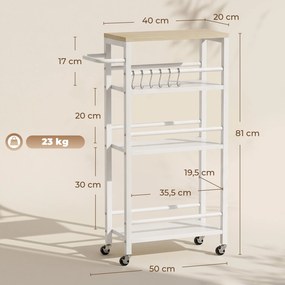 HOMCOM pojízdný přídavný vozík se 4 policemi, kuchyňský vozík s držákem na ručníky a 6 háčky pro jídelnu, 50x20x81 cm, dub