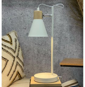 Kovová stolní lampa s dřevěným podstavcem Solano bílá, 14 x 47 cm