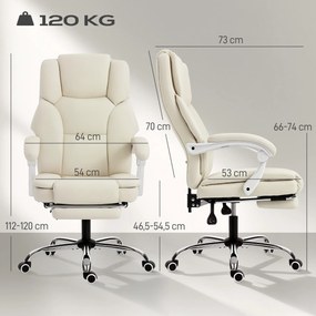 HOMCOM ergonomická kancelářská židle — sklopné opěradlo, nastavitelná výška, podnožka, 360° otočná, taštičkové pružiny, ekokůže, béžová