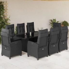 9dílný zahradní jídelní set s poduškami černý polyratan 3212685