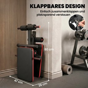HOMCOM Posilovací lavice na břicho nastavitelná a skládací, multifunkční tréninková lavice s tréninkovými lany, nosnost 110 kg, ocelová černá červená