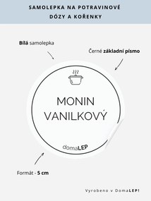 Samolepka na láhev MONIN VANILKOVÝ průměr 5 cm – bílá vinylová, voděodolná, omyvatelná samolepka na dózy, základní písmo