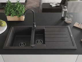 Mexen Andres, granitový dřez 1000x500x200 mm, 1,5-komorový, černá skvrnitá s černým sifonem, 6515101510-76-B