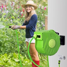 Outsunny Automatický Navíječ Hadice 15+1,5m – Zelená, 180° Otočný Hadicový Navíječ do Zahrady