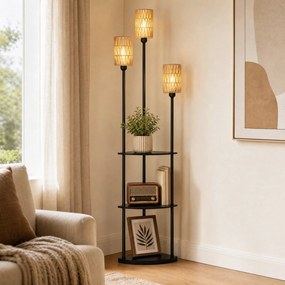 HOMCOM Boho stojací lampa se 3 plameny, stojací lampa s 3 policemi, stínidlo z papírového provazu, černá