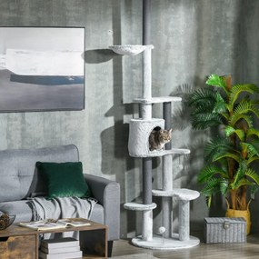 Stropní škrabadlo PawHut výškově nastavitelné 225-255 cm s ochranou proti překlopení Jeskyně pro kočky Škrabadla Hrací míč Grey