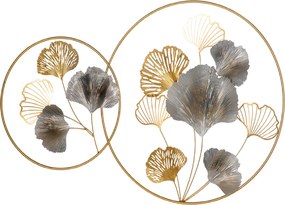HOMCOM 3D Kovová Nástěnná Dekorace, Zlaté Nástěnné Umění s Listy Ginkgo ve Dvou Kulatých Rámcích, 102x66,2 cm, Zlatá a Stříbrná | Aosom