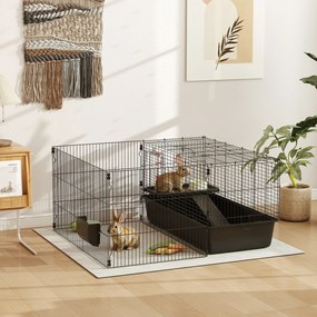 Bouda PawHut pro malá zvířata s výběhem, 112,5L x 99W x 54H cm, s lahví na vodu, krmítkem, miskou na krmení, pro malá zvířata, ocel, černá | Aosom