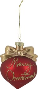 Červená skleněná vánoční baňka s mašlí Merry Christmas – Ø 8*10 cm