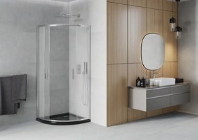 Mexen Rio, čtvrtkruhový sprchový kout s posuvnými dveřmi 80 x 80 cm, 5mm sklo námraza, chromový profil + černá sprchová vanička, 863-080-080-01-30-4170