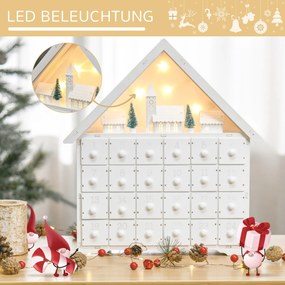 HOMCOM Adventní kalendář Vánoční dekorace, 24 zásuvek, LED světla, 39 cm x 9 cm x 42 cm, bílá + zelená 830-416