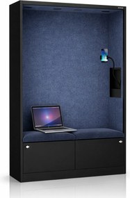 Kancelářská akustická kabina se sedátkem a USB-C portem, korpus černý / sedák námořnická modrá, 1150 mm: SALLY MentalBox