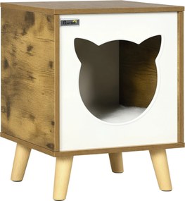 Pawhut dřevěný kočičí dům - vnitřní kočičí jeskyně s pratelným polštářem a zvýšenými nohami 34x34x44,5 cm hnědá | Aosom