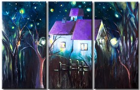 Obraz Pohádková noc (3dílný) - krajina s domem obklopeným světlými hvězdami