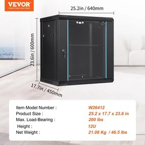 Síťová serverová skříň pro montáž na stěnu 12U, hloubka 39,4 cm – W26412