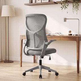 HOMCOM Ergonomická kancelářská židle z mesh, otočná židle s vysokým opěradlem a sklápěcími područkami, s houpací funkcí, šedá