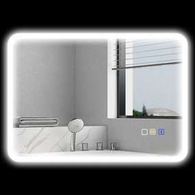 HOMCOM koupelnové zrcadlo LED Bluetooth 50 x 70 cm, dotykový spínač, nastavitelné světlo 3 barvy, proti zamlžení, paměť, stříbrné