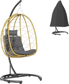 Závěsné Křeslo Outsunny do 150 kg s Skládacím Košem a Polstry, Zahradní Houpací Křeslo z Oceli a PE Rattanu, 102x102x195 cm, Černá, Šedá a Béžová | Ao