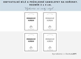 PERNÍKOVÉ KOŘENÍ - Samolepka na kořenky 3 x 4 cm - DomaLEP varianta: BÍLÁ - základní písmo