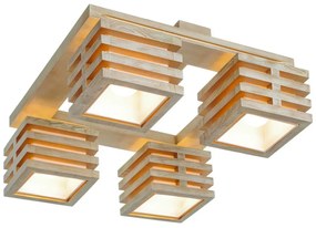 Light for home - Dřevěný moderní  lustr v bílo zlatém provedení  přisazený ke stropu 11504 "HOUSTON", 4x40W, E27, béžová, zlatá, patina