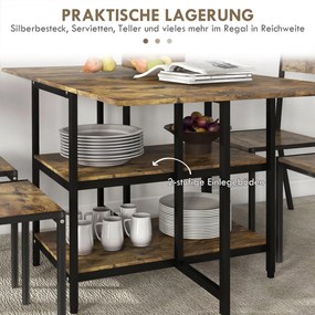 HOMCOM Rozkladací Skládací Jídelní Stůl Obdélníkový Mobilní Kuchyňský Stůl pro 2-6 Osob se 2 Otevřenými Policemi 140cm x 80cm x 75cm Rustikálně Hnědý