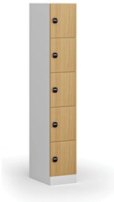Šatní skříňka S1 s úložnými boxy, 5 boxů, 1850 x 300 x 500 mm, demont, RFID zámek, laminované dveře, buk