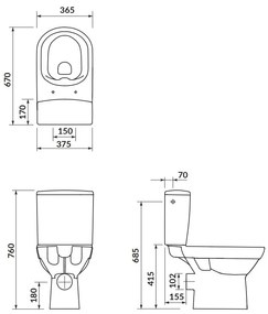 Cersanit CITY - WC kombi + antibakteriální sedátko s funkcí pomalého zavírání, horizontální odpad, přívod vody zespodu, K35-036