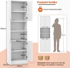 Costway 190 cm vysoká kuchyňská skříňka s dvířky a policemi příborník – bílý
