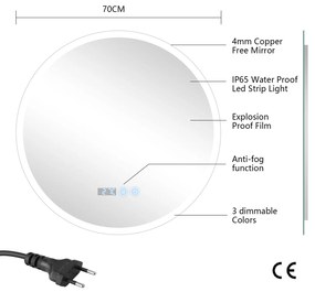 Erga Deam, kulaté LED zrcadlo 70cm, 3 barvy světla, přední osvětlení, vyhřívací podložka proti zapaření, ERG-V01-Deam-7070-CL