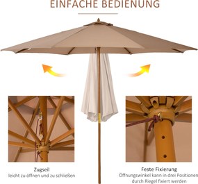 Outsunny slunečník dřevo 300 cm dřevěný slunečník zahradní slunečník balkonový slunečník bambus khaki | Aosom