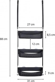 Erga Wiki, koupelnový koš, závěsný organizér 31x88 cm s přísavkami, 3řadý, černá matná, ERG-YKA-CH.WIKI-3-BLK