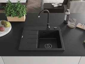 Mexen Ben, 1-komorový granitový dřez 600x500x190 mm, pravý + černý sifon, černá-stříbrná metalíza, 6523605000-73-B