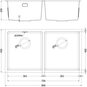 Mexen Binox, 2-komorový nerezový dřez 800 x 450 mm, broušená ocel, 6421802000-01