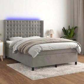Box Spring Postel S Matrací A Led Samet Světle Šedá tlačítka 140 x 200 cm