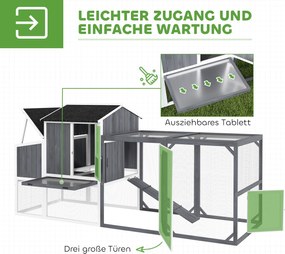 PawHut kurník pro slepice, 236,5 x 91 x 114 cm, výběh pro slepice s hnízdem, venkovní výběh, dřevěný kurník se 2 hřady, voděodolný nátěr, pro 3-4 sle…