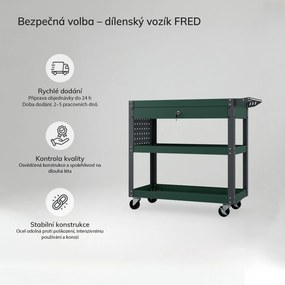 Dílenský nástrojový vozík se zásuvkou, na kolečkách, lahvově zelená, 800x800x380 mm: FRED