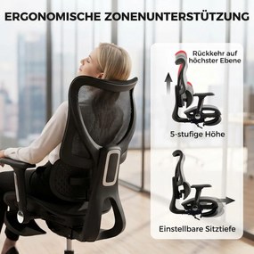 HOMCOM ergonomická síťovaná kancelářská židle s bederní opěrkou a podnožkou, černá