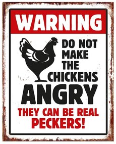Bílá nástěnná kovová cedule Chickens Angry – 20x1x25 cm