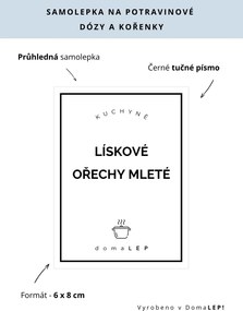 LÍSKOVÉ OŘECHY – průhledná samolepka na dózu, tučné písmo, 6 x 8 cm | DomaLEP